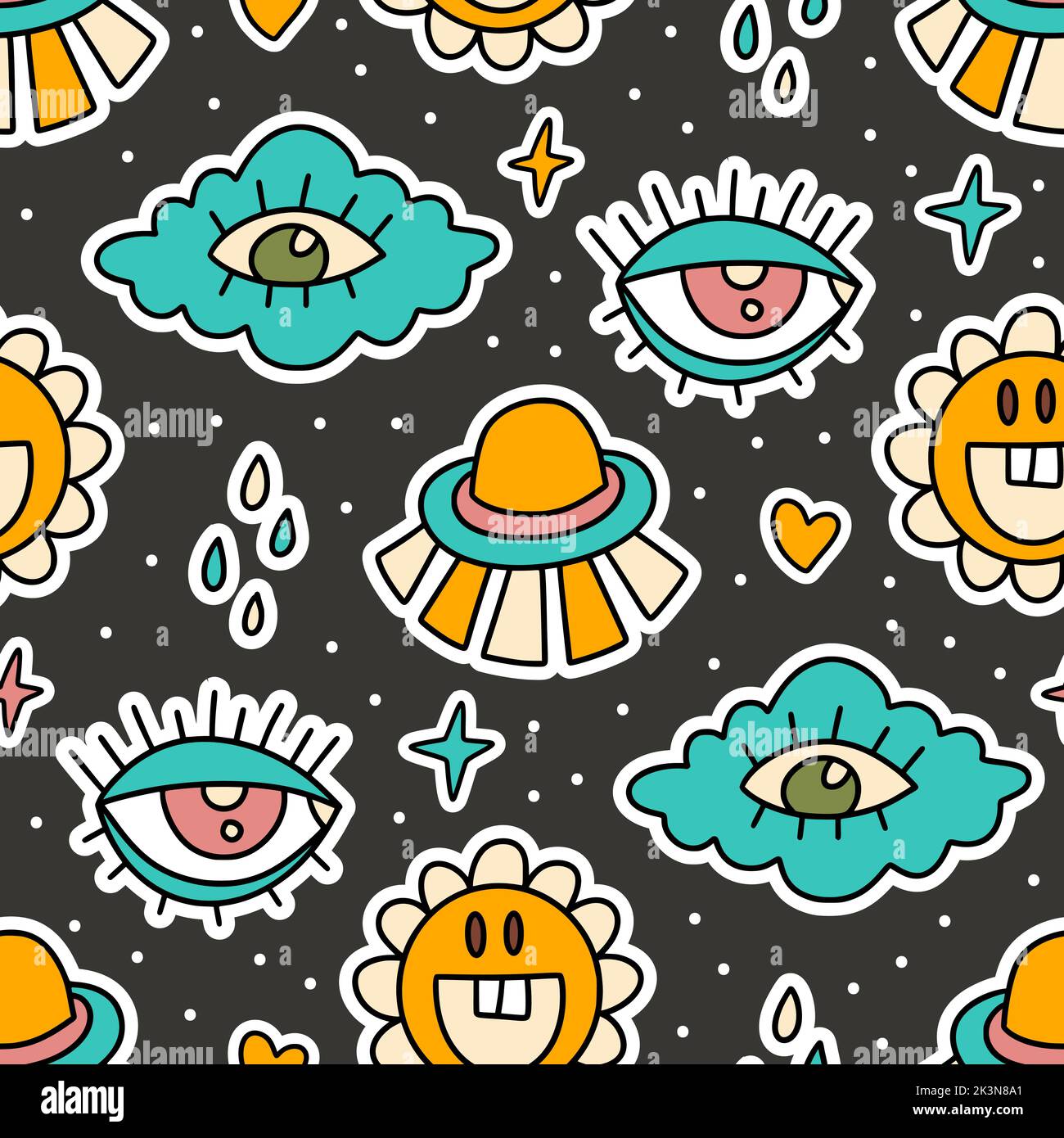 Cute cartoon groovy cloud, eye sticker vector seamless pattern. Hippie ...