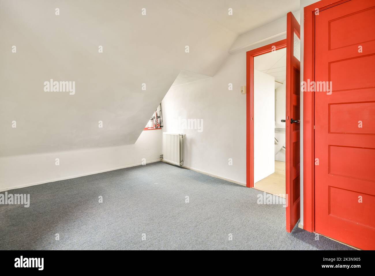 Interior of empty white room without windows with curtains and greyish ...