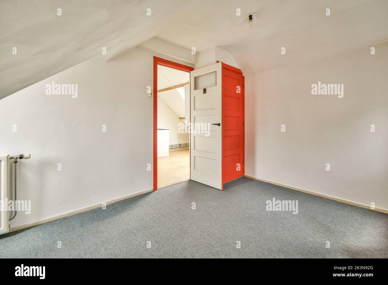 Interior of empty white room without windows with curtains and greyish ...