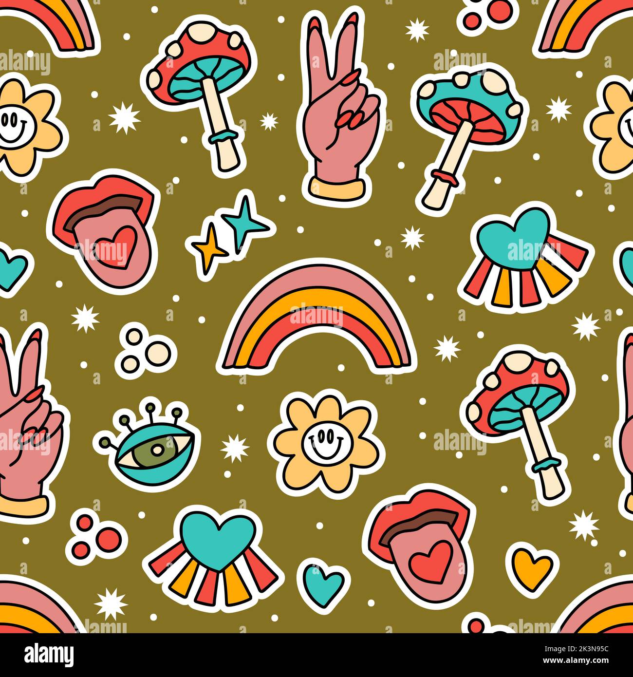 Cute cartoon groovy rainbow sticker vector seamless pattern. Hippie retro background ...