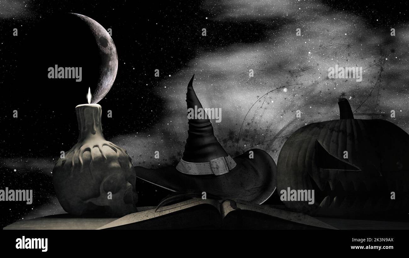 Open storybook with the black magic story coming alive - 3d rendering ...