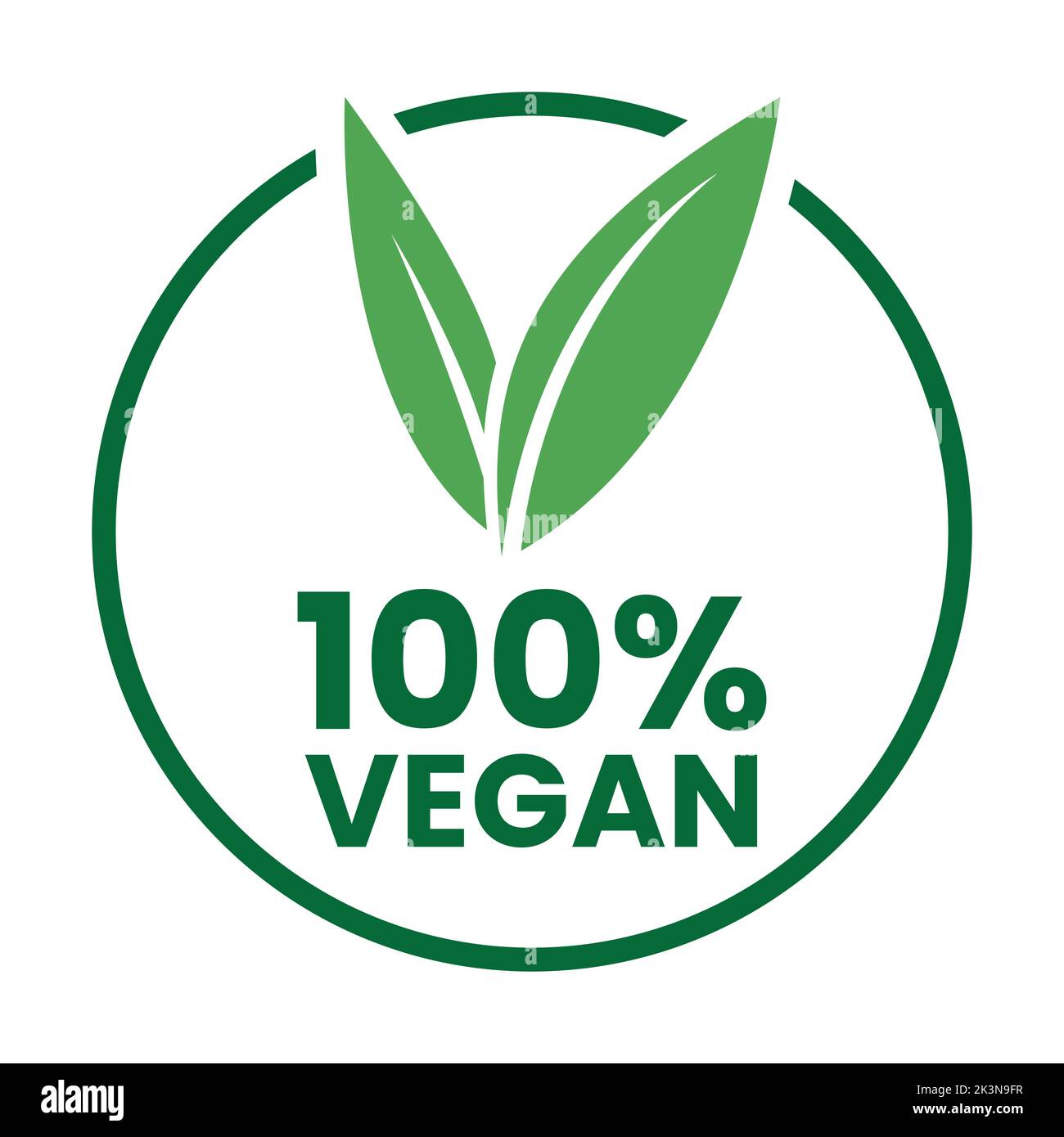 %100 Vegan Round Icon with Green Leaves isolated on a White Background ...