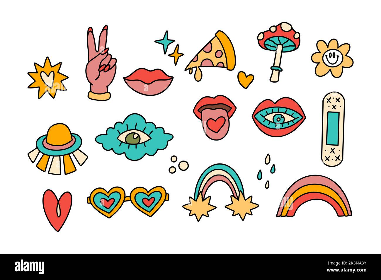Retro cute cartoon hippy groovy vector sticker set. Hand sign cool cloud eye lips kiss flower ...