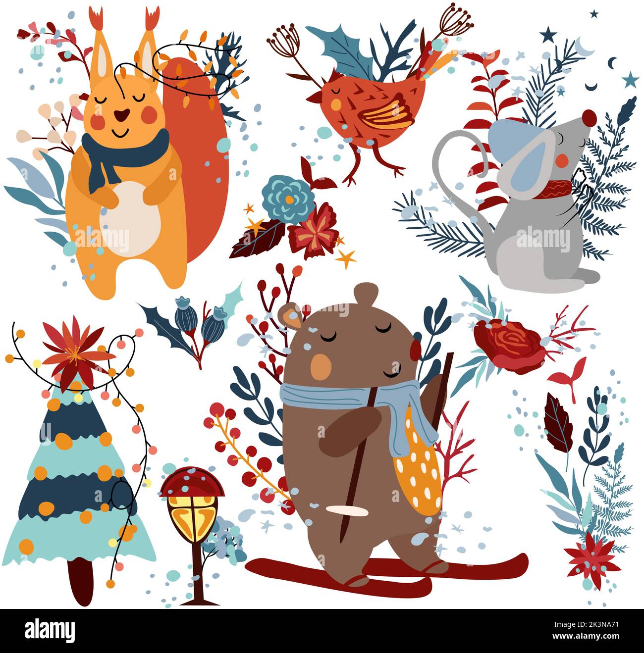 Winter compositions funny squirrel, a cute bear is skiing, mouse in a ...