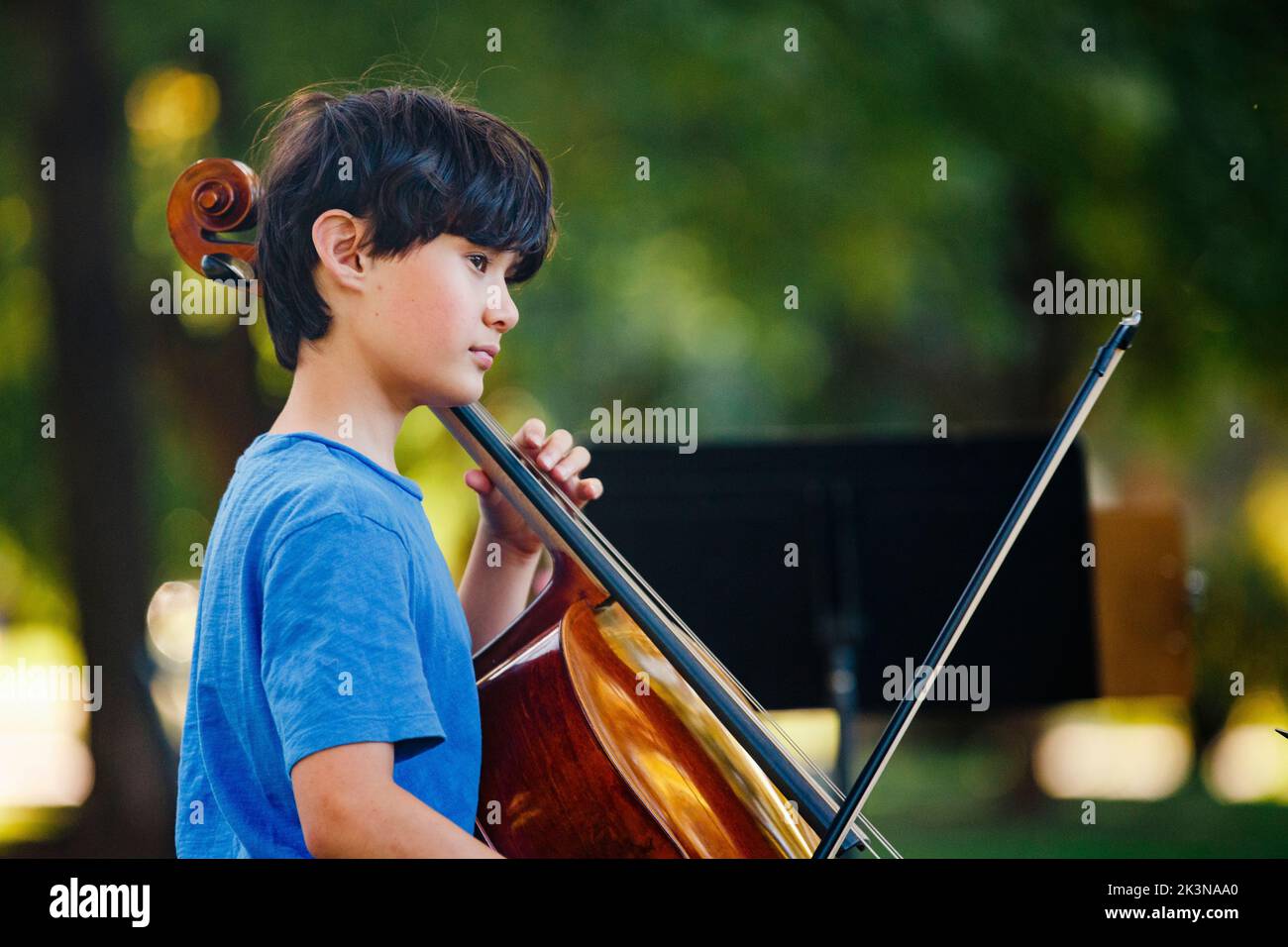 A serious boy sits in sunlit park playing cello Stock Photo - Alamy