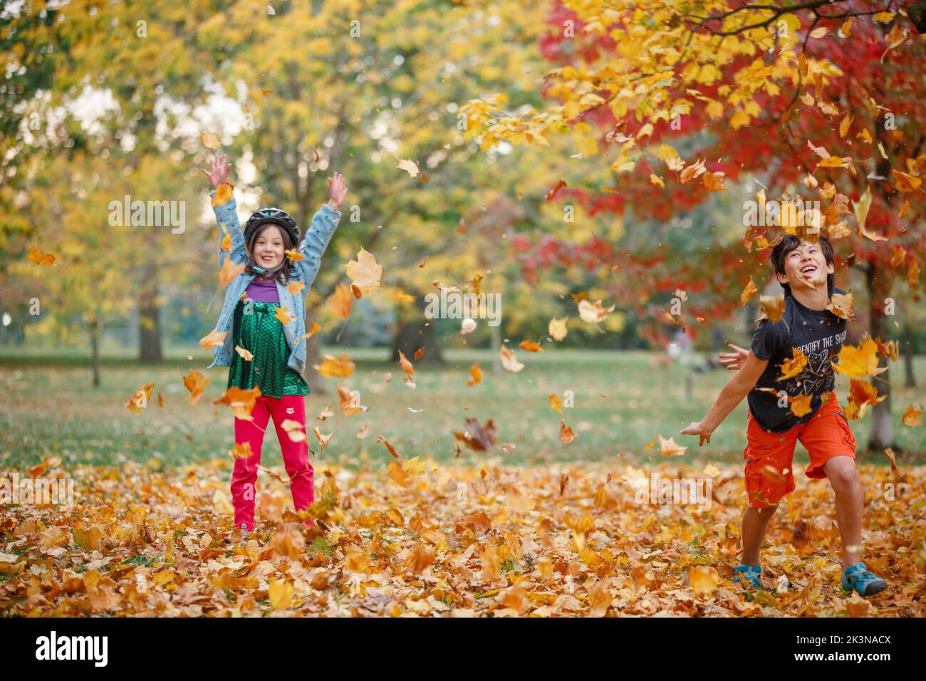 Two happy children play together in a pile of fall leaves Stock Photo ...