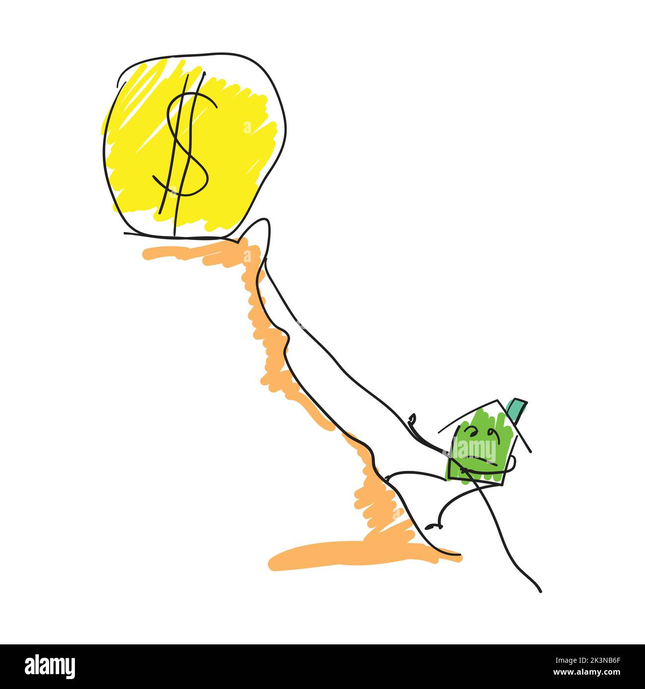 A drawing of a green sad house pulling a yellow stone with a dollar ...