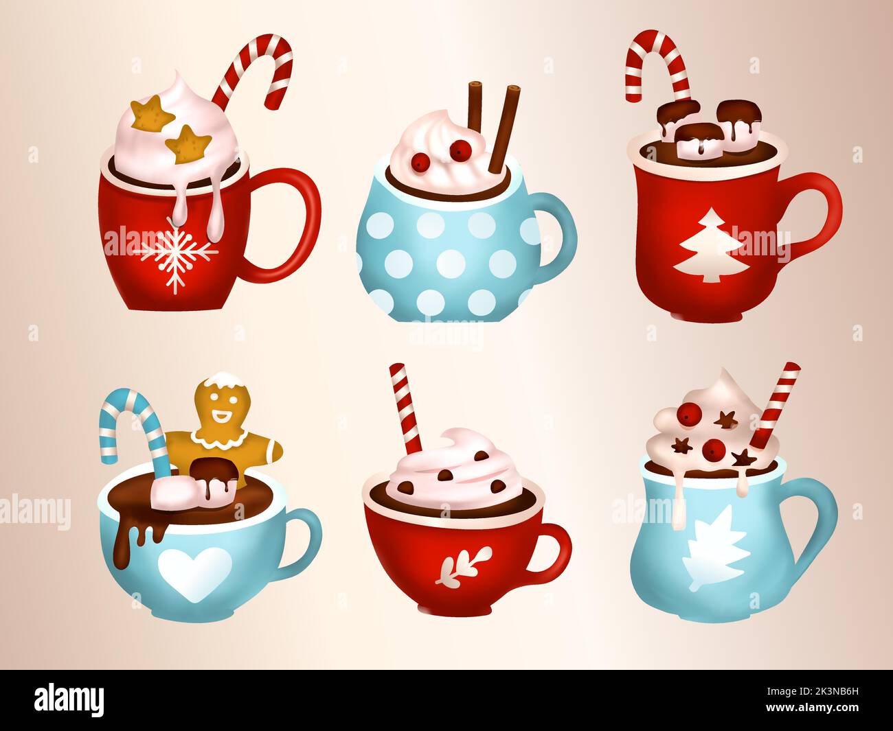 Hot chocolate cup Christmas coffee 3d cartoon vector latte drink set ...