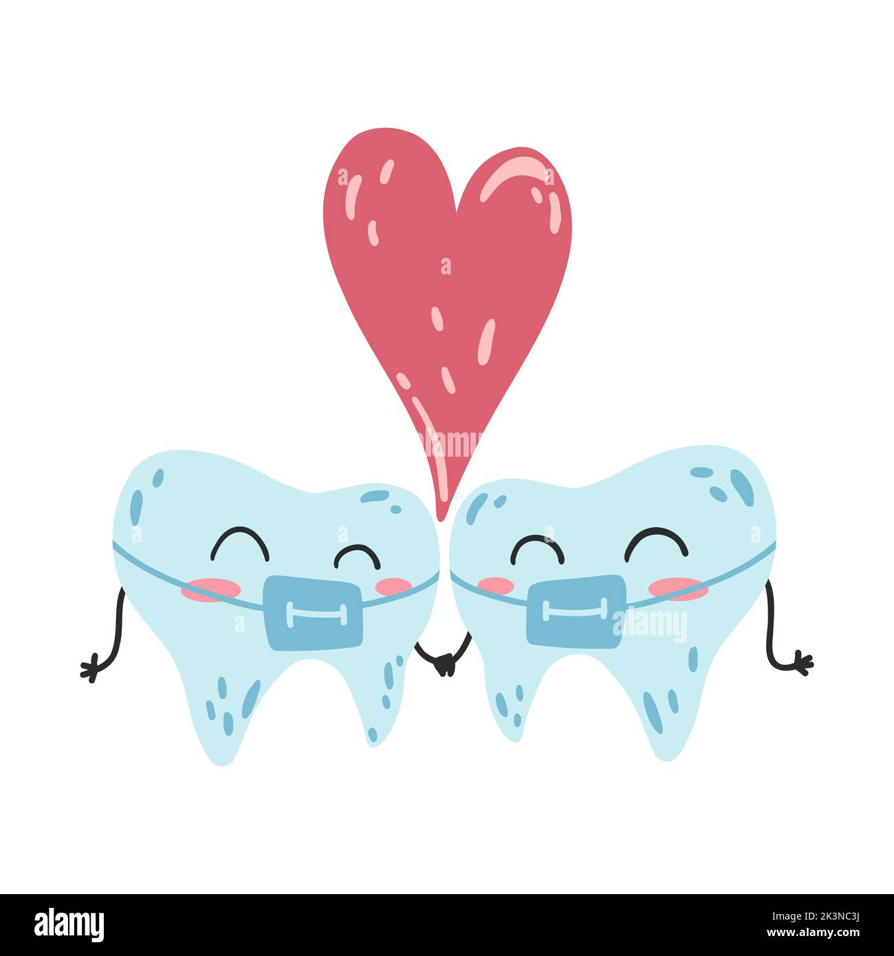 Hand drawn kawaii tooth couple in braces. Flat cartoon vector ...