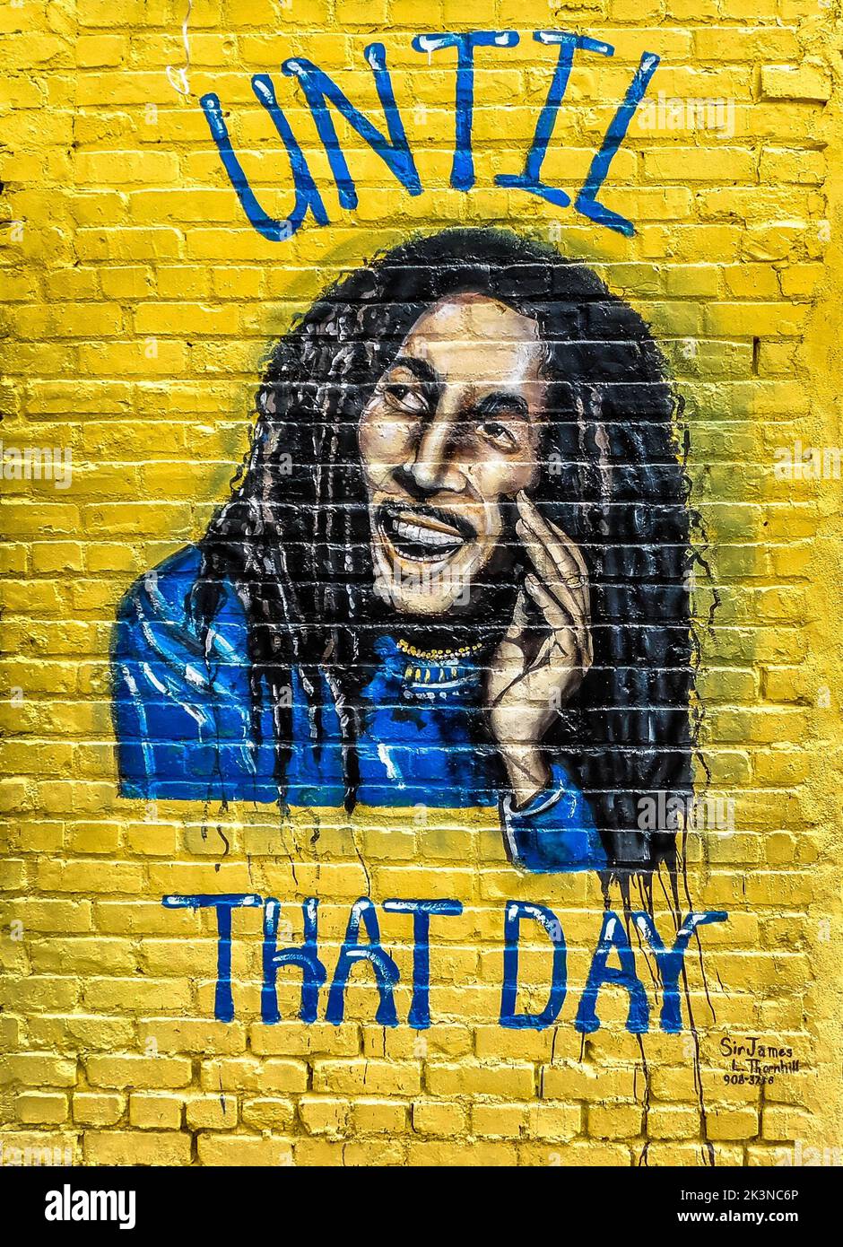 A mural of famous Jamaican singer Bob Marley on the brick wall Stock ...