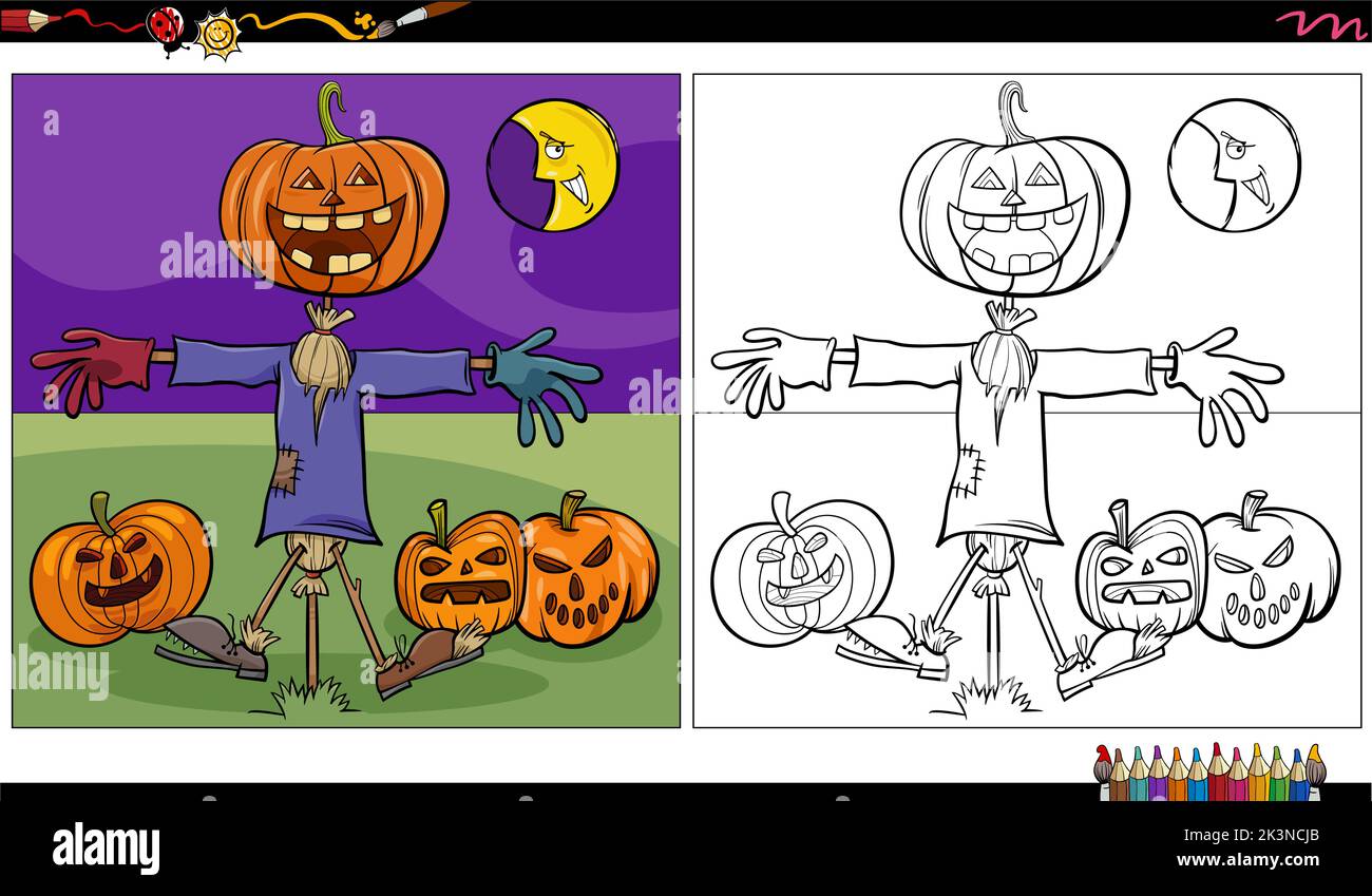 Cartoon illustration of spooky scarecrow Halloween character with ...