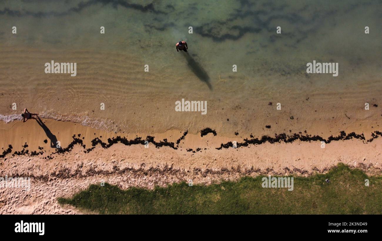 An aerial view of people standing in the shallow sea water near the ...