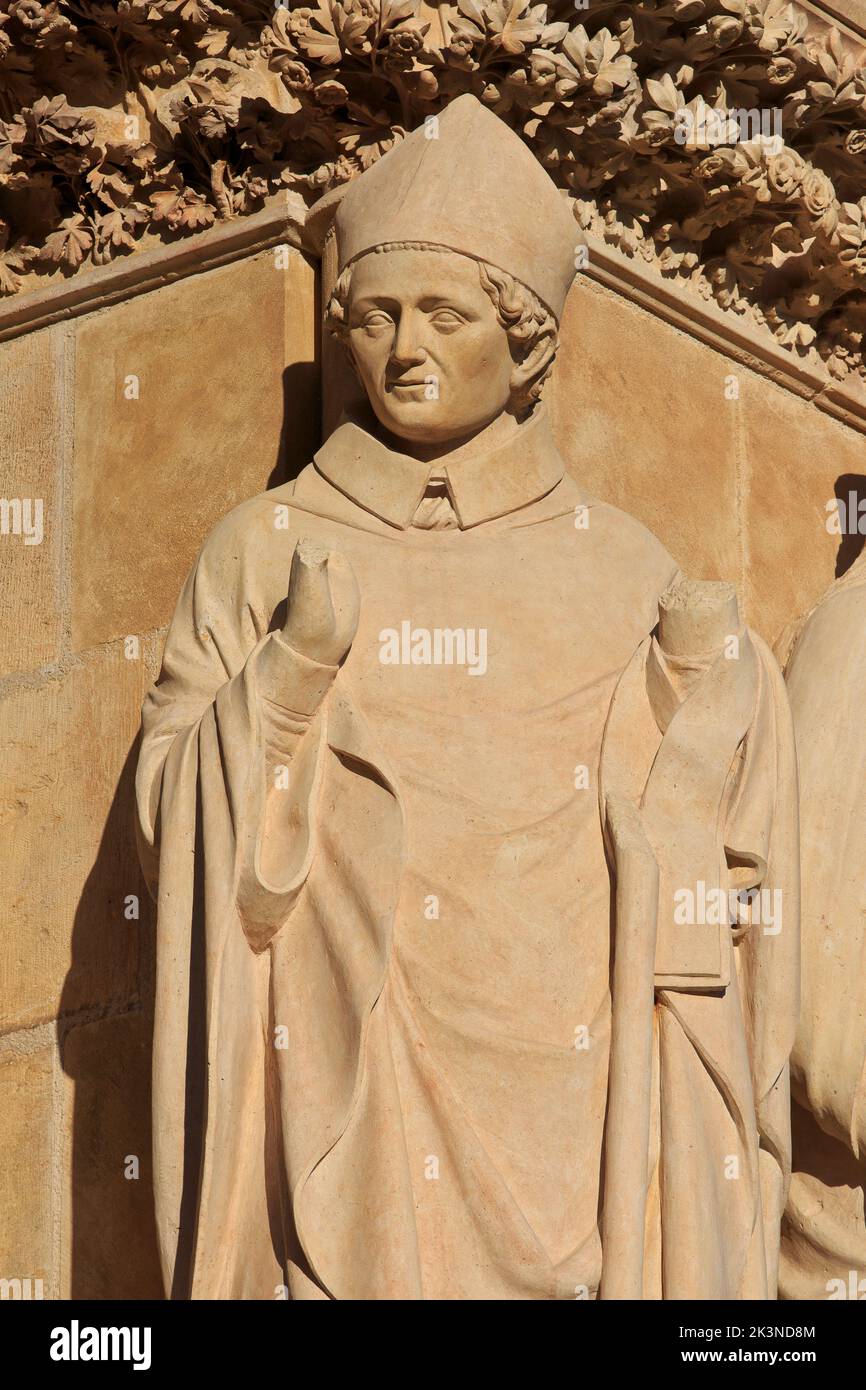 Statue of Bishop Saint Rigobert at the North portal of the West facade ...