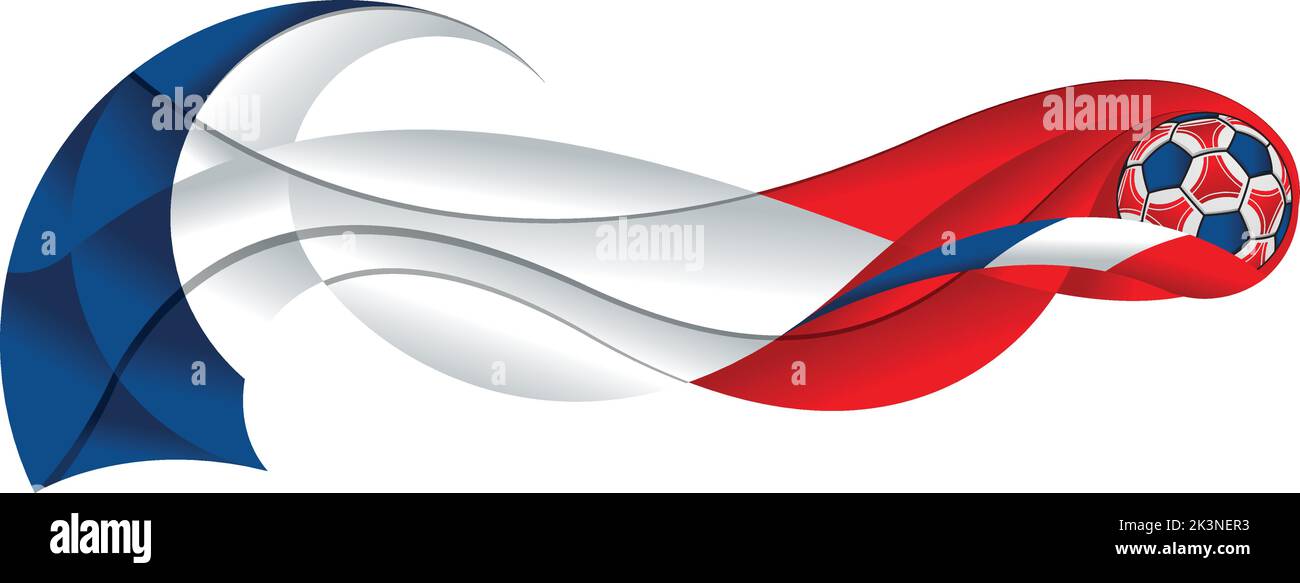 Red white and blue soccer ball leaving an abstract trail in the form of ...
