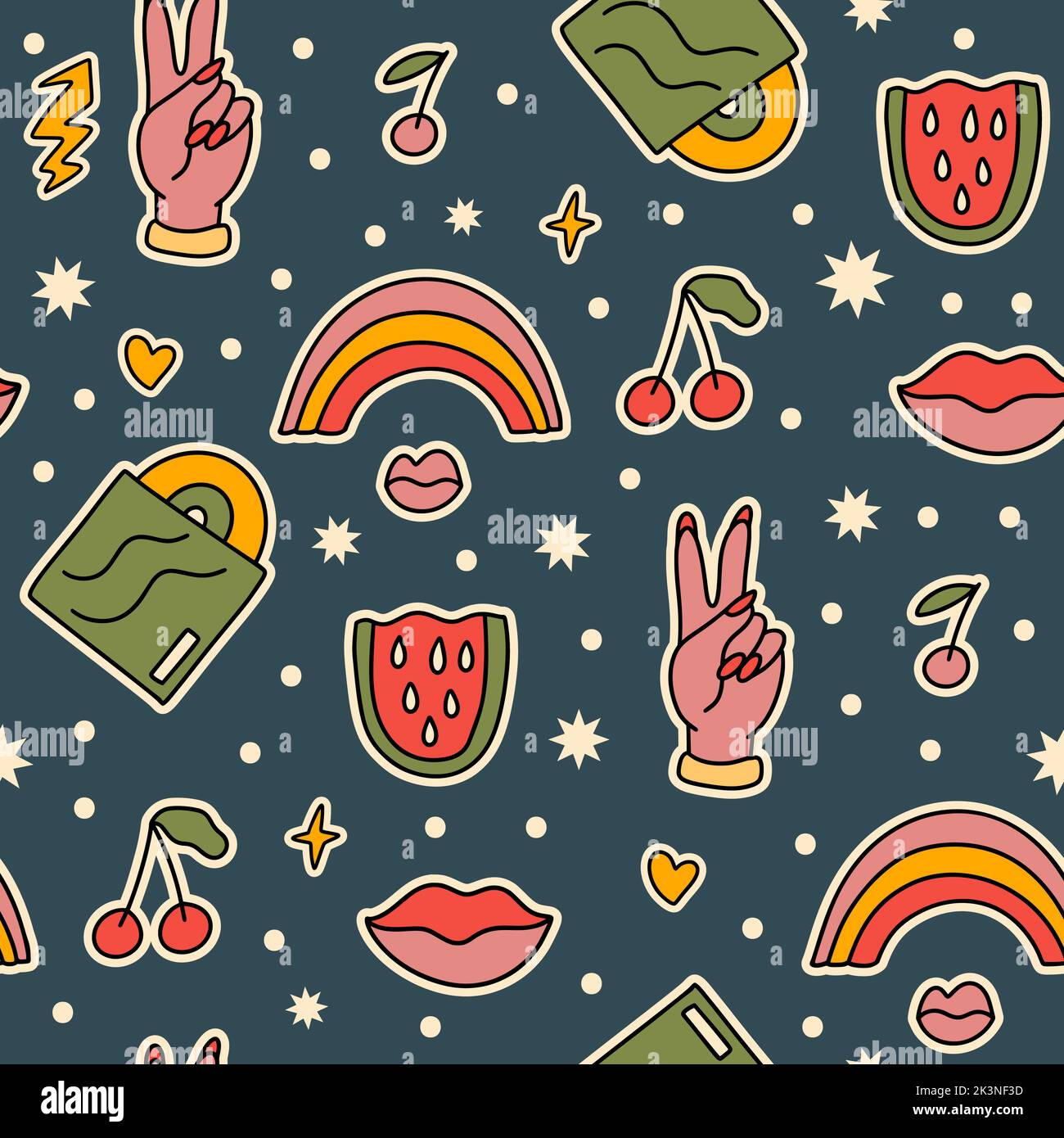 Cute cartoon groovy rainbow, music sticker vector seamless pattern ...