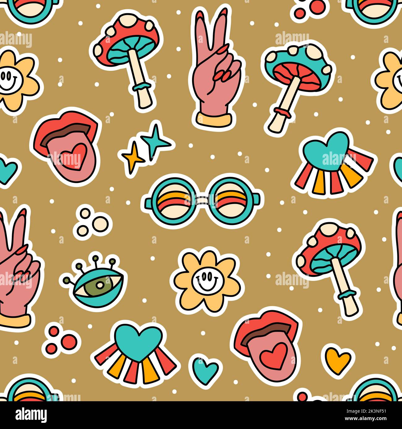 Cute cartoon groovy sticker vector seamless pattern. Hippie retro ...