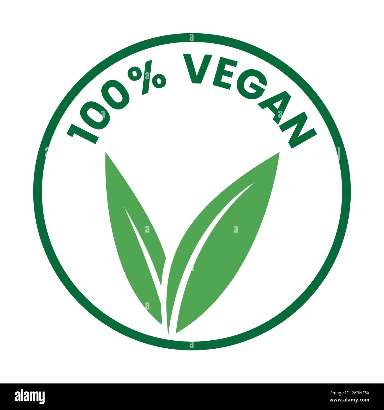 %100 Vegan Round Icon with Green Leaves isolated on a White Background ...
