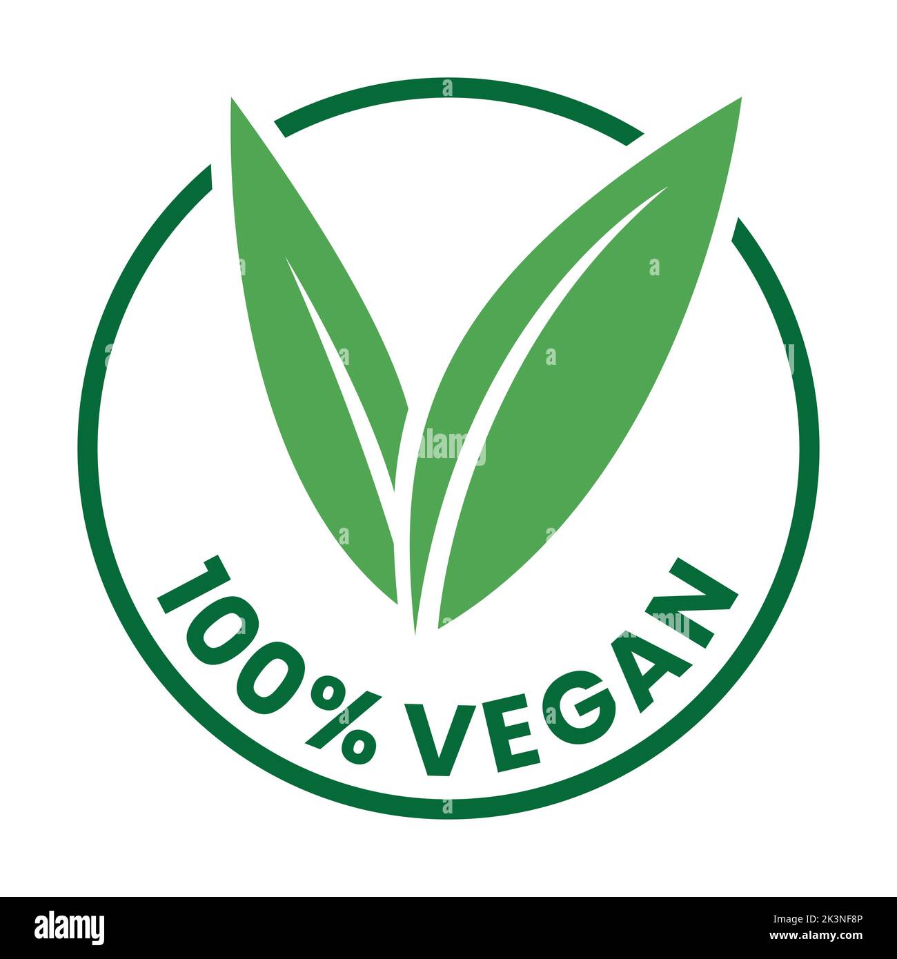 %100 Vegan Round Icon with Green Leaves isolated on a White Background ...