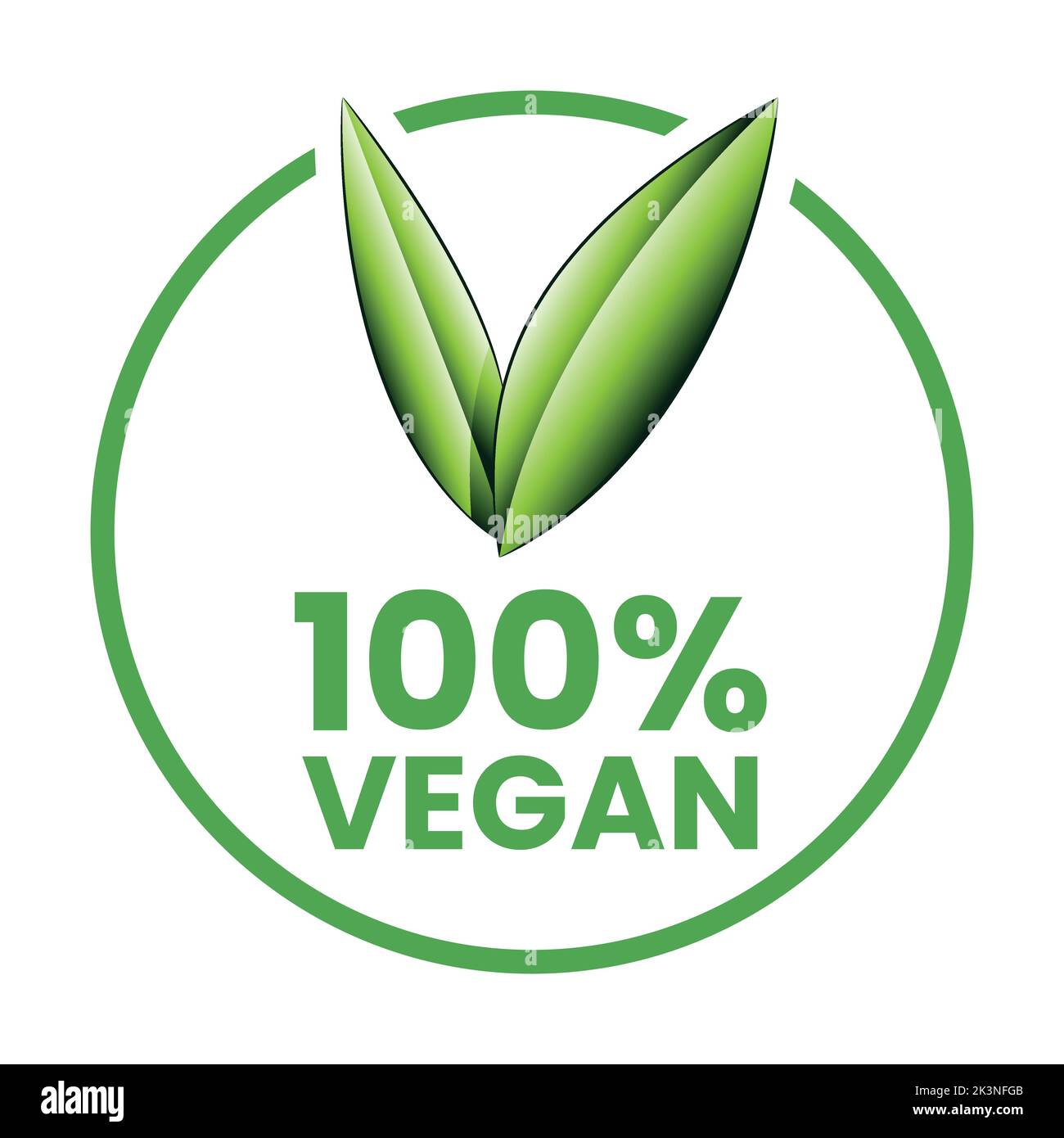 %100 Vegan Round Icon with Shaded Green Leaves isolated on a White ...