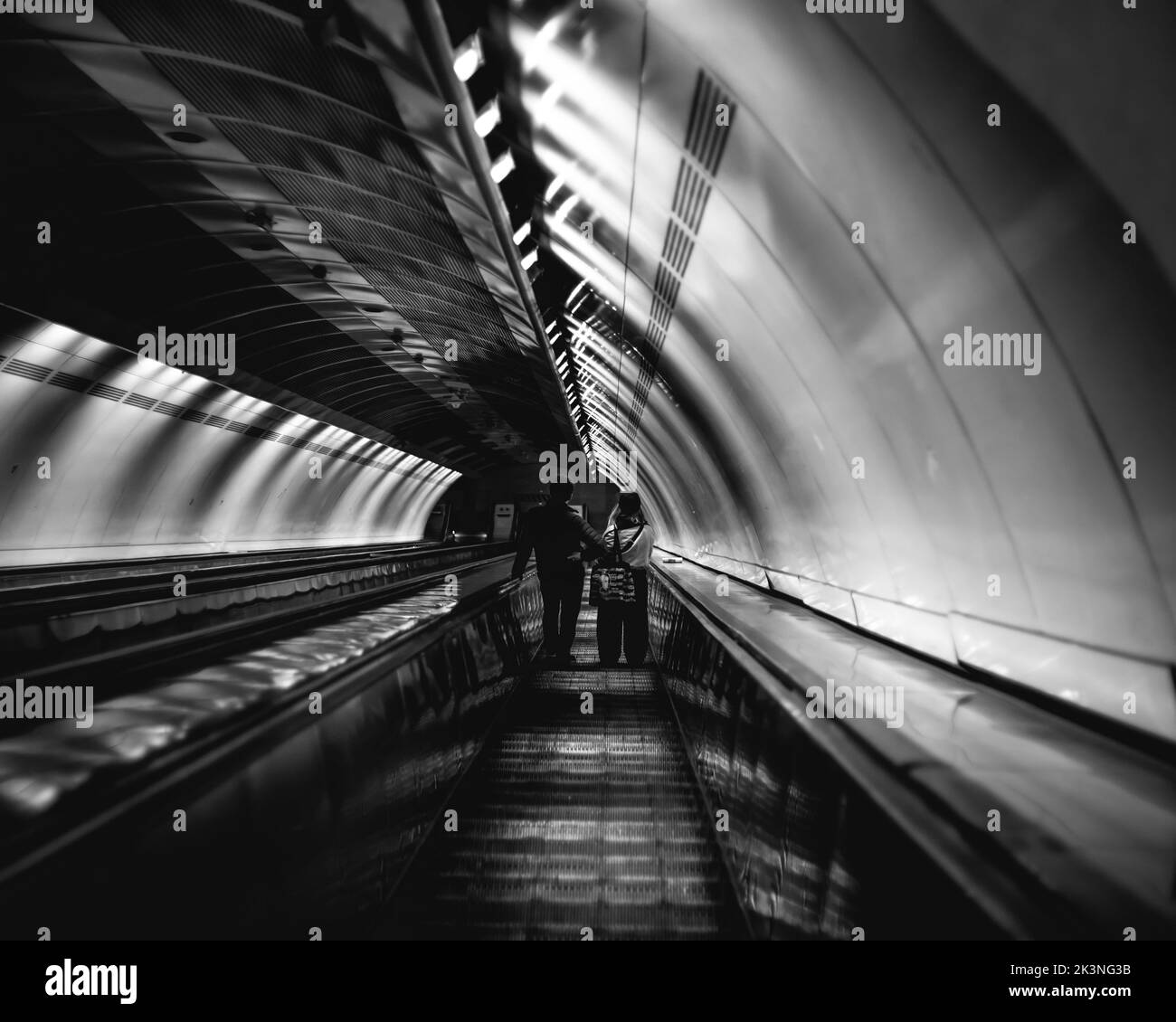 A grayscale back view of a couple on subway escalator - dramatic ...