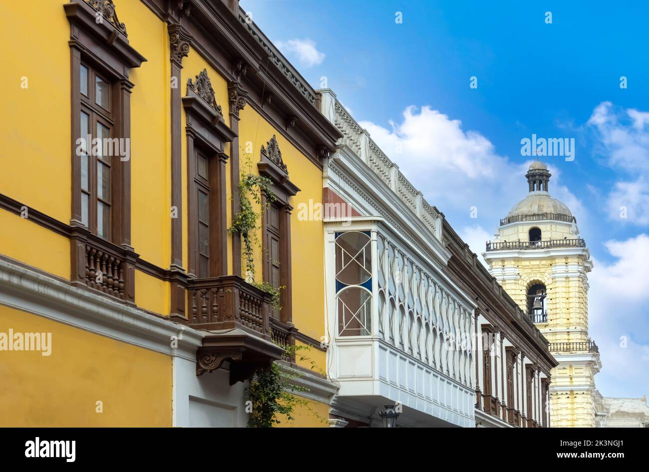 Lima, Peru, old city streets and colorful colonial buildings in ...