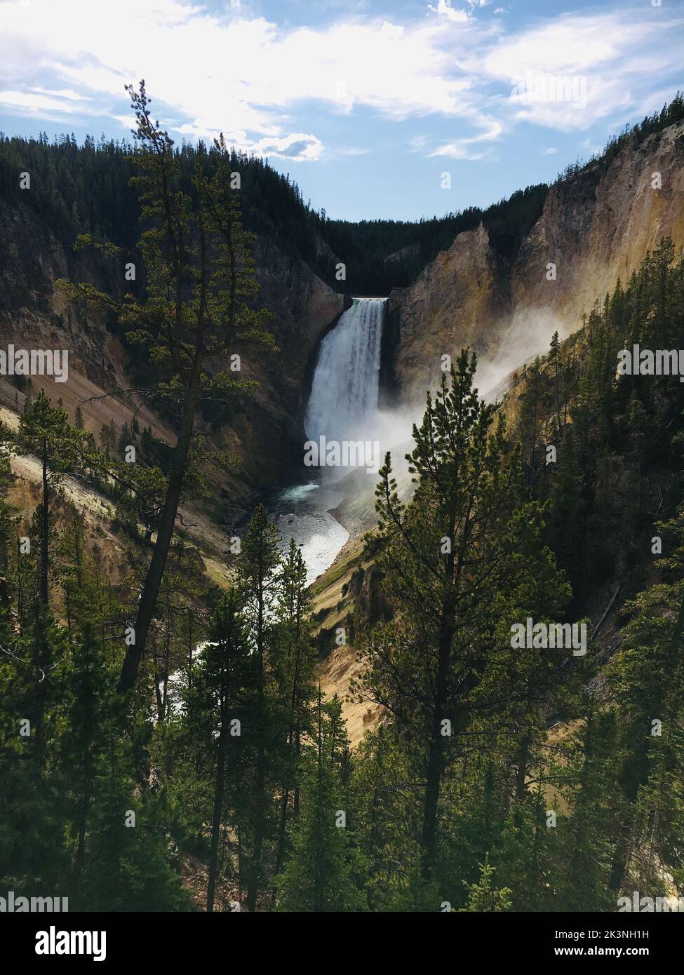 An aerial view of Upper Falls of the Yellowstone River waterfall ...