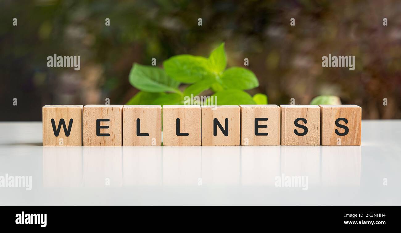 Wellness sign on wood cubes with nature background Stock Photo - Alamy
