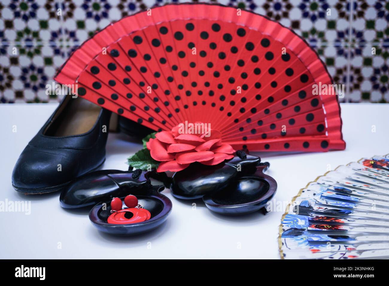 objects used in flamenco fan, castanets, high heel shoes and earrings ...