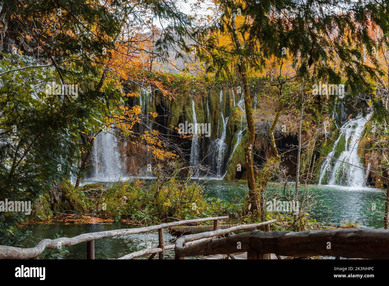 Fall landscape with waterfalls in Plitvice lakes national park in ...