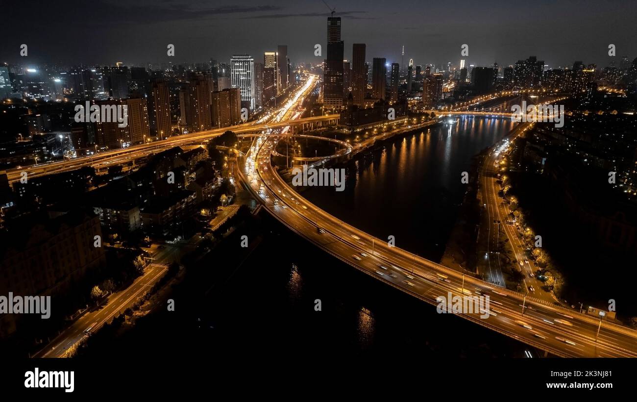 Night View of Traffic Flow of Haijin Bridge by Haihe River in Tianjin ...
