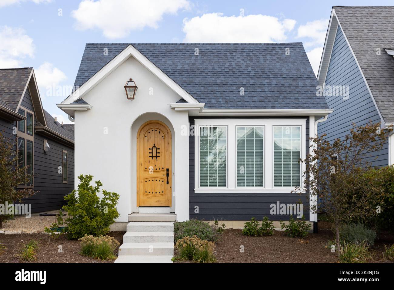 A small ranch home with a blue roof, blue and white exterior, and a ...
