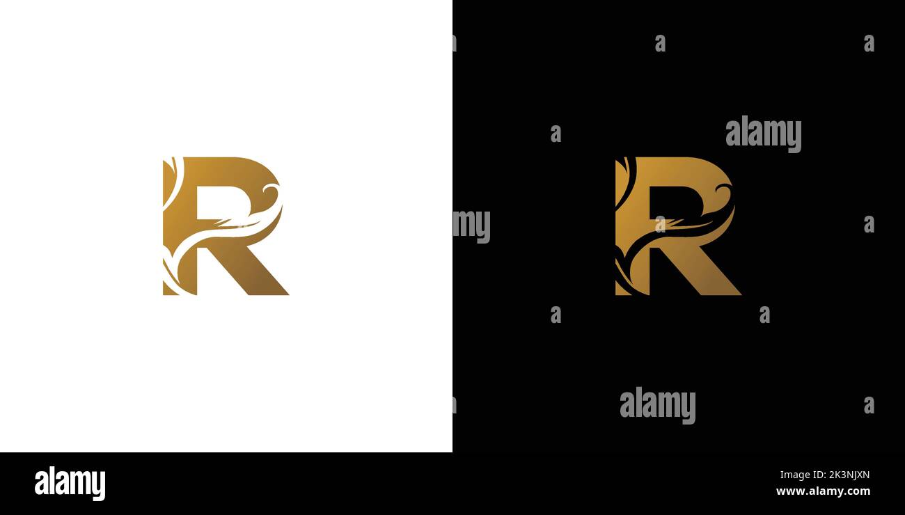 A set of a creative golden "R" brand initial logo on black and white ...