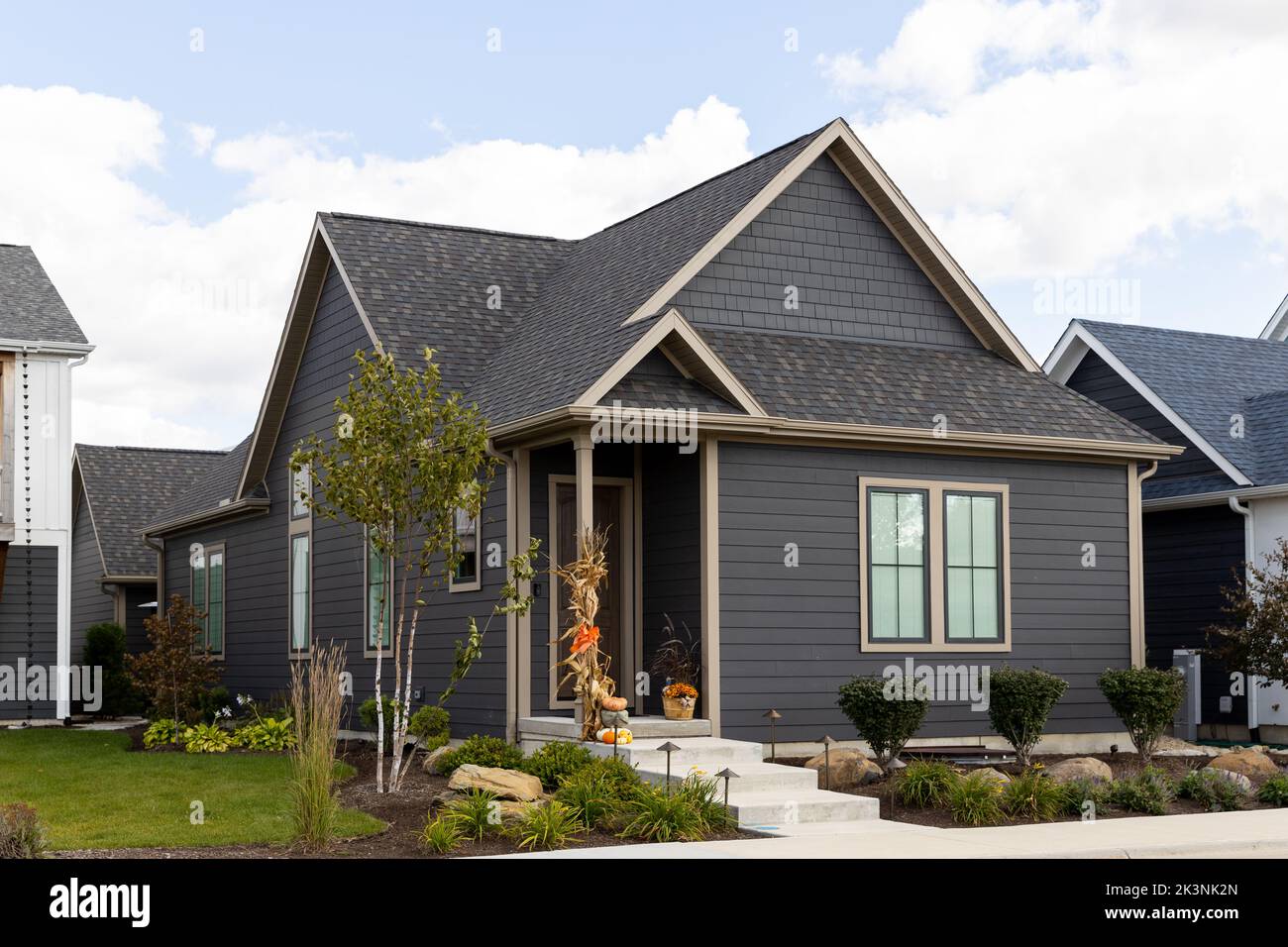 A dark brown ranch home with light brown trim and accents Stock Photo ...