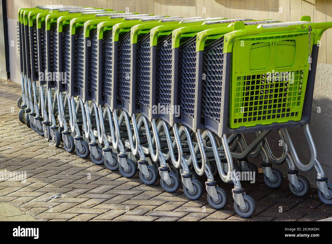 Row green shopping carts hi-res stock photography and images - Alamy