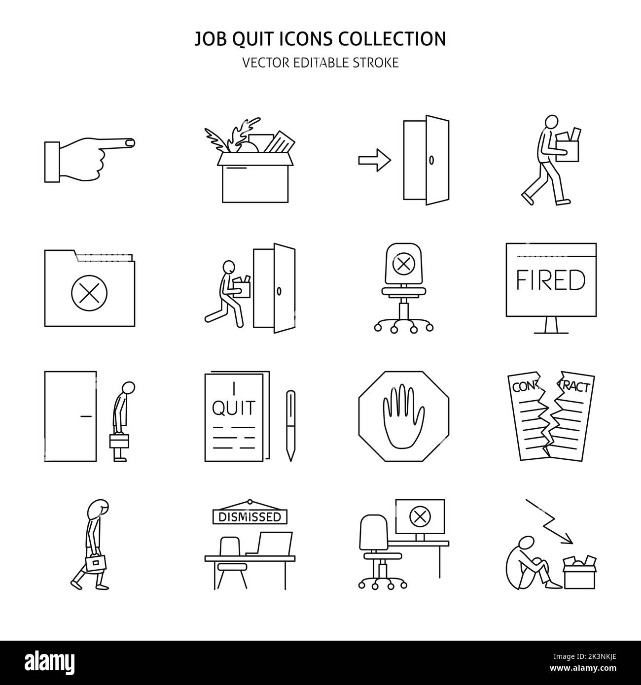 Job quit icon set in line style. Leaving work, dismissal symbols ...
