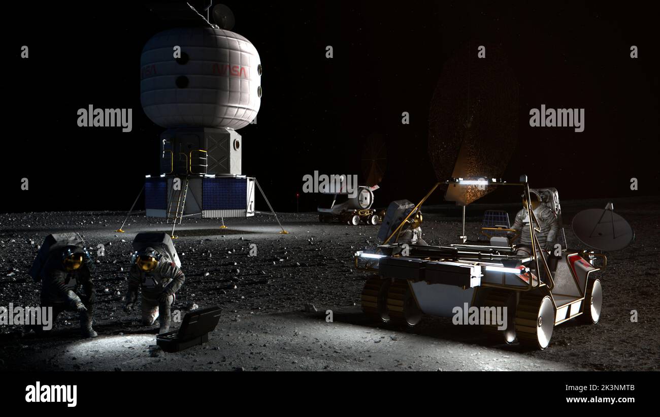 Setting up experiments on Artemis base camp, illustration Stock Photo ...