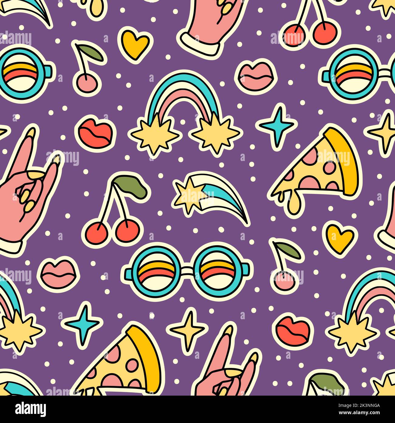 Cute cartoon groovy rainbow, cherry, hand, pizza sticker vector ...