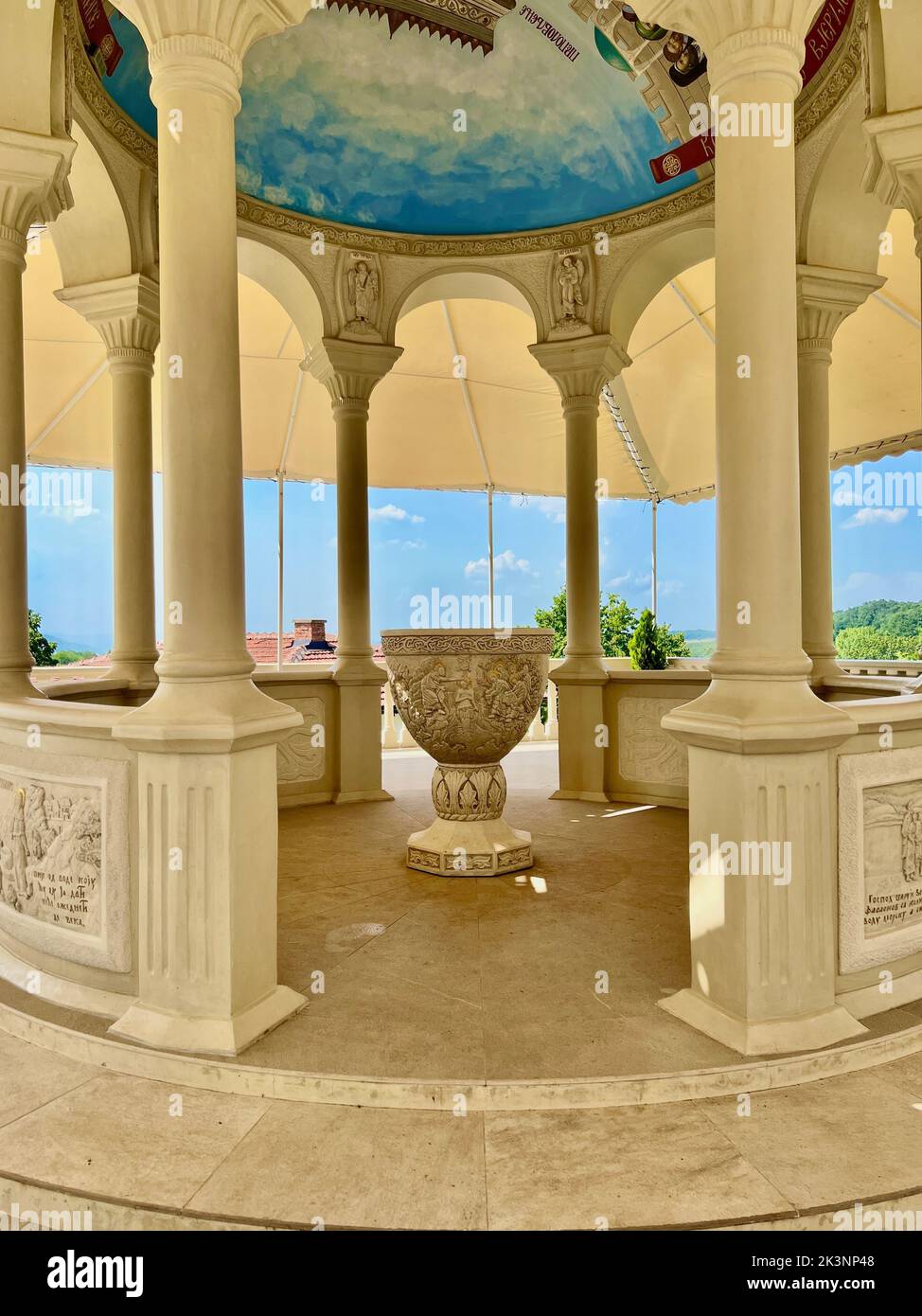 holy water fountain in church with fresco on ceiling at church Sveta ...