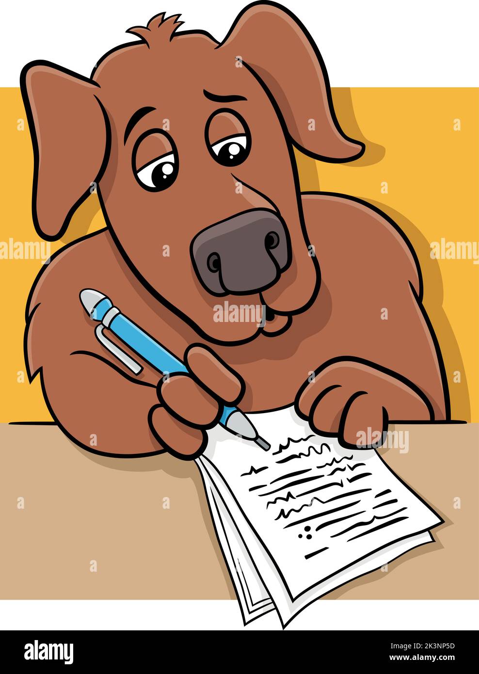 Cartoon illustration of the writer or poet dog writting on paper Stock ...