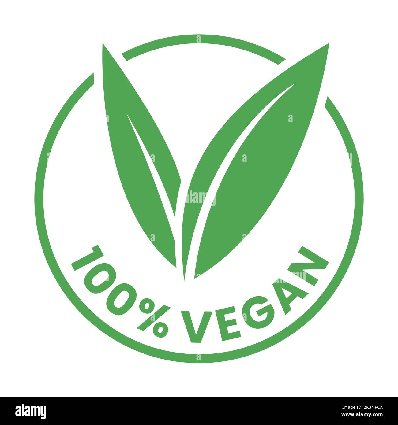 %100 Vegan Round Icon with Green Leaves isolated on a White Background ...