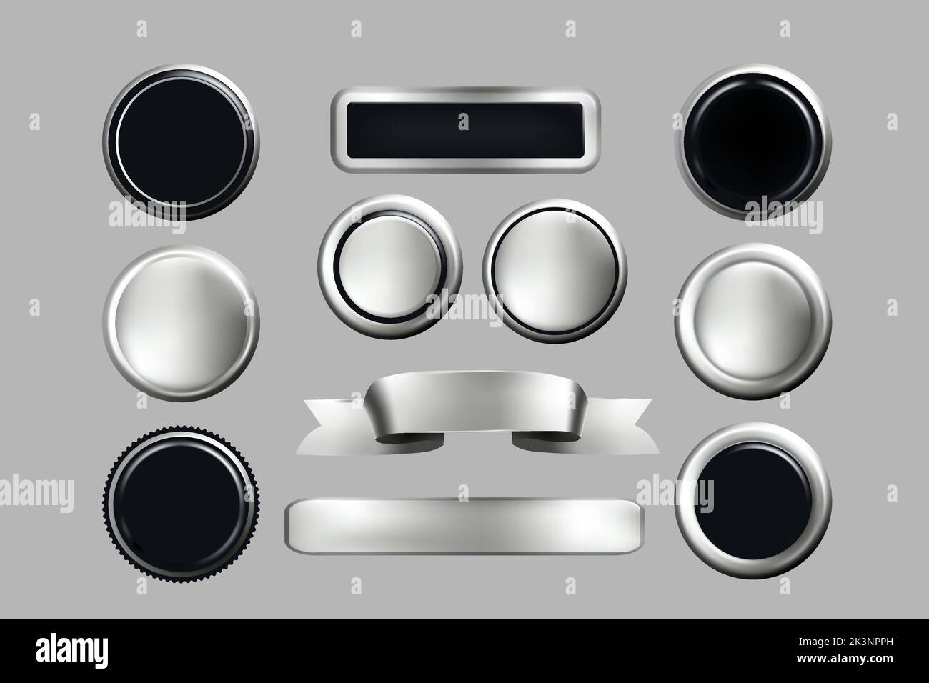 Silver foil texture 3d buttons set. Vector stamp golden elegant shiny ...