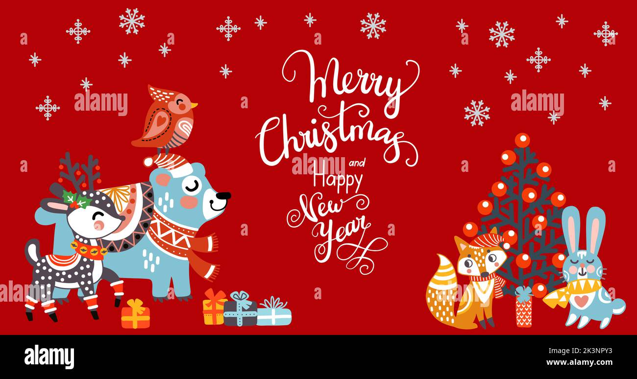 Horizontal greeting card with cute animals deer, bear, rabbit, fox with ...