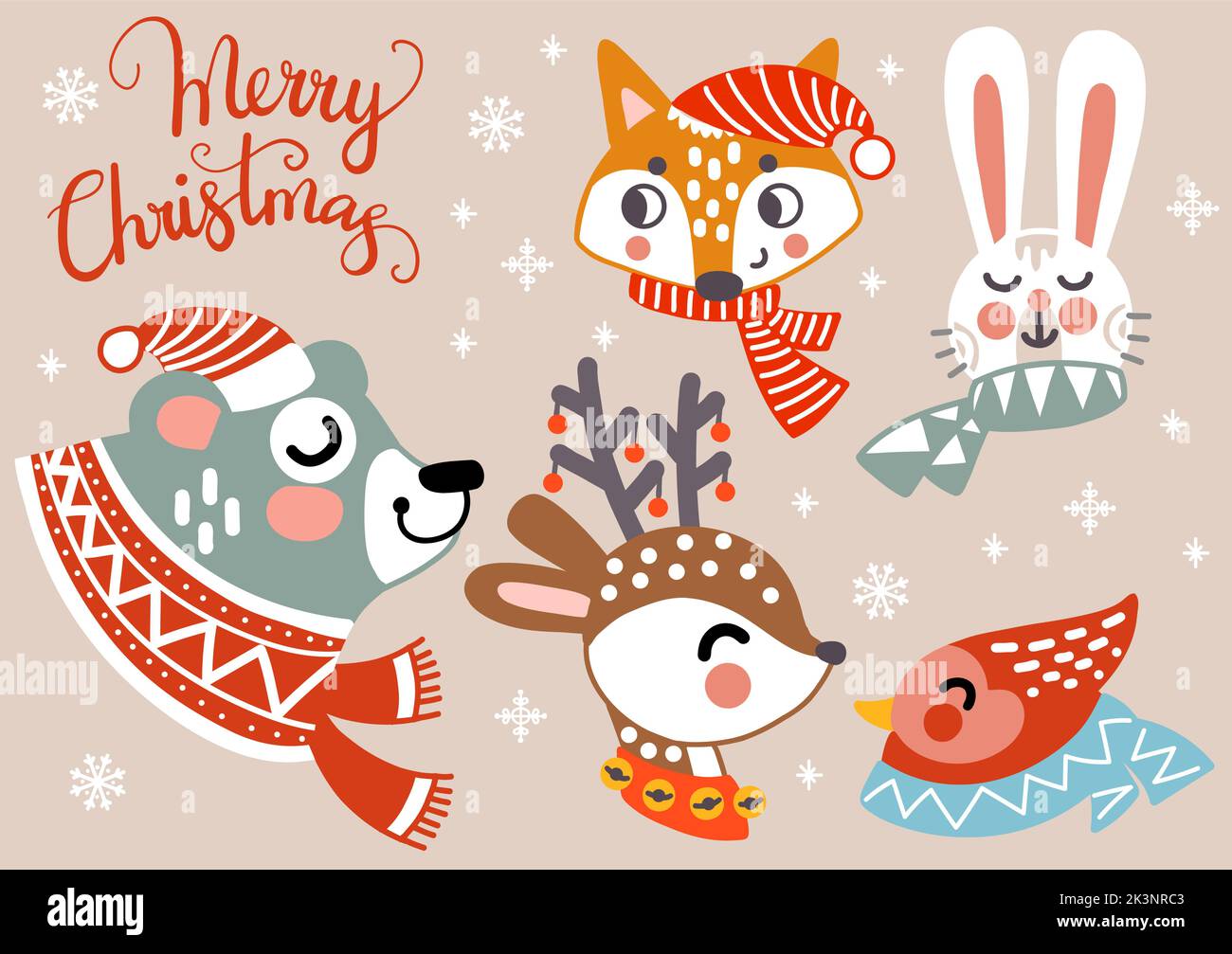 Greeting card with cute animal heads deer, bear, fox, rabbit, northern ...