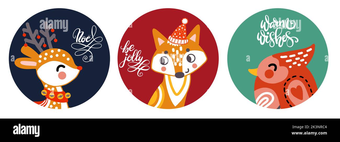 Set of circle christmas cards with cute animals deer, fox and northern ...