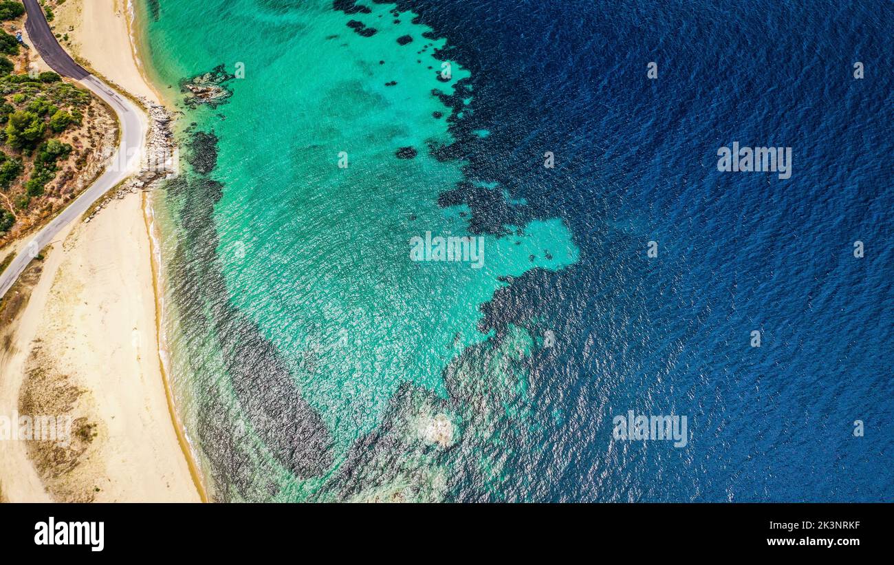 An aerial view of the Destenika beach in Greece, Halkidiki Stock Photo ...