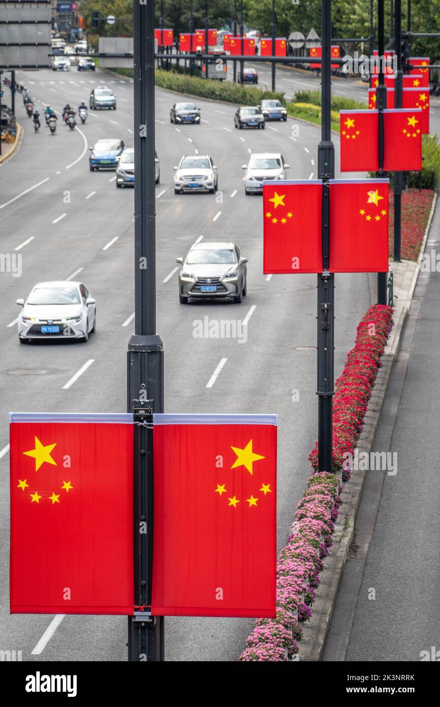 SHANGHAI, CHINA - SEPTEMBER 27, 2022 - Bright five-star red flags are ...