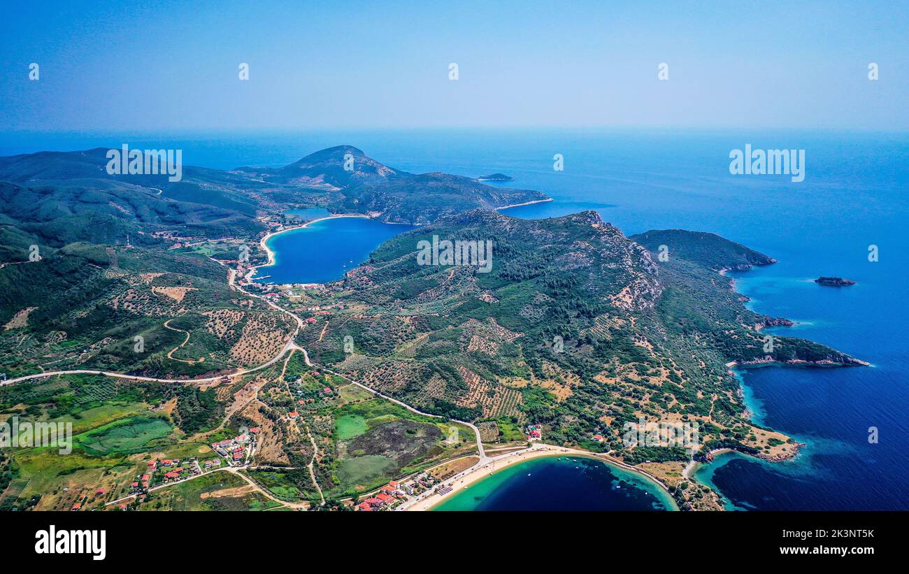 An aerial view of the coastal village and Toroni beach in Sithonia ...
