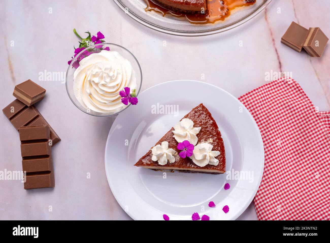 A top view of a chocolate and flan dessert, inverted cake with ...