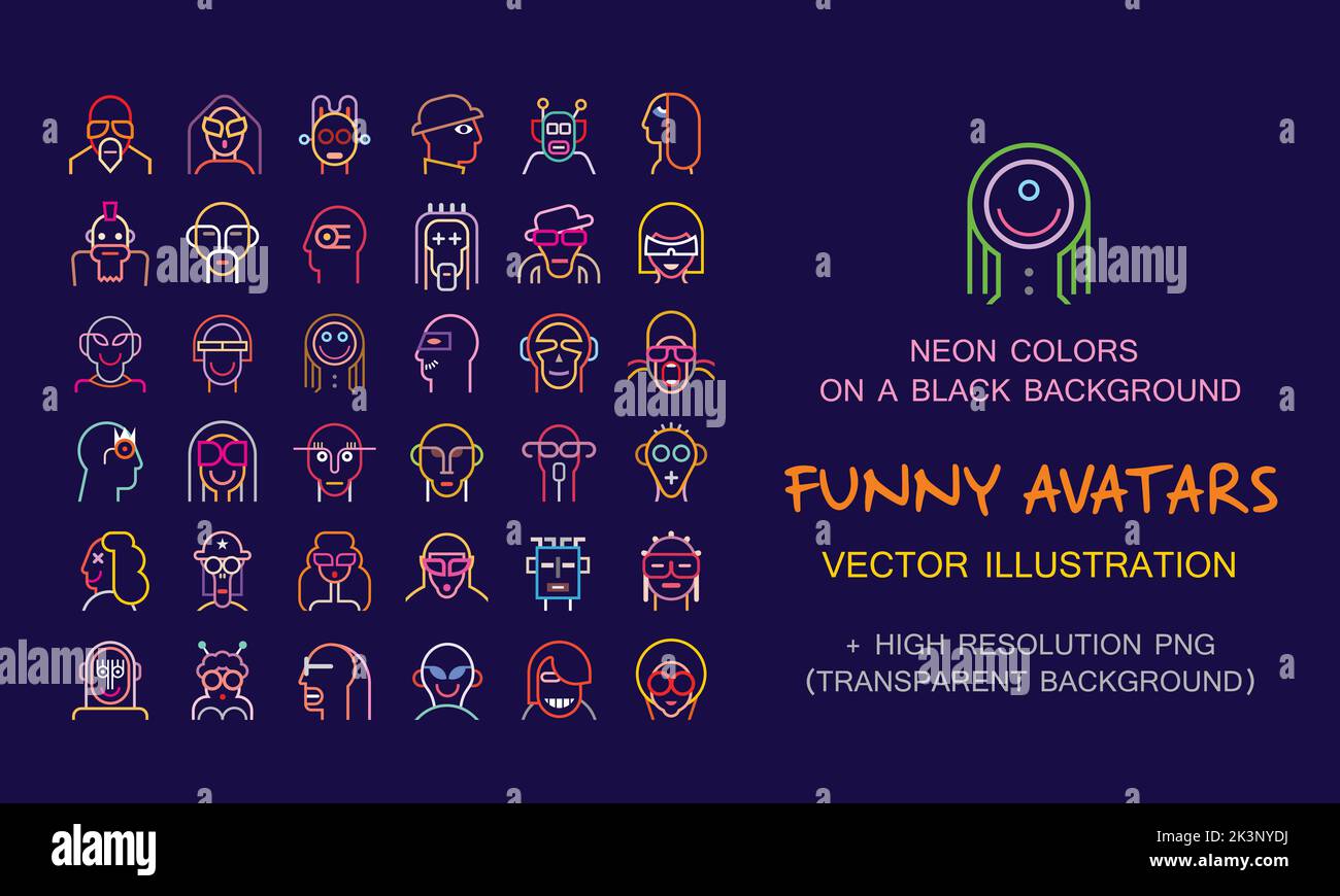An illustration of an outlined funny avatar background in neon colors ...