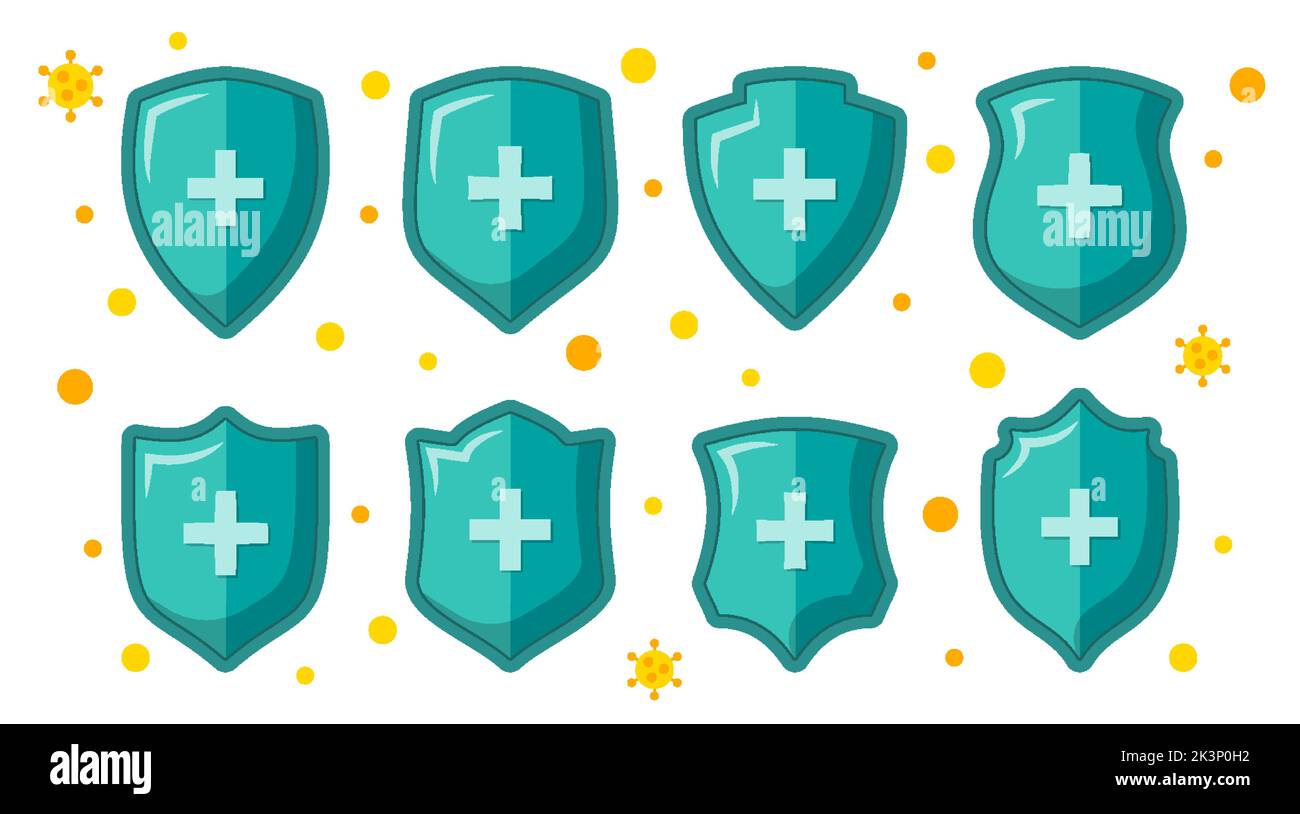 Shield prevention security immune icon set. Bacterial and covid virus ...